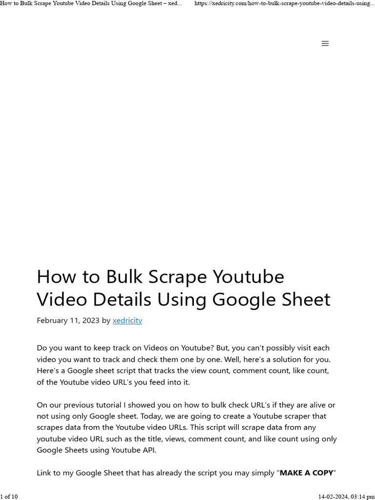 How To Bulk Scrape Youtube Video Details Using Google Sheet | PDF | You Tube | Software