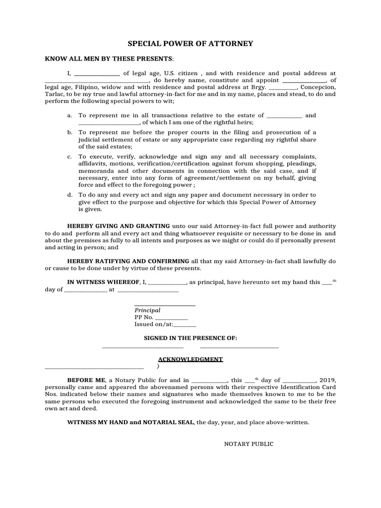 Special Power of Attorney Acknowledgment | PDF | Power Of Attorney ...