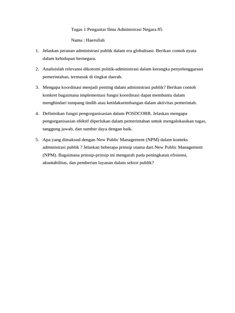 Tugas 1 Pengantar Ilmu Administrasi Negara 85 | PDF
