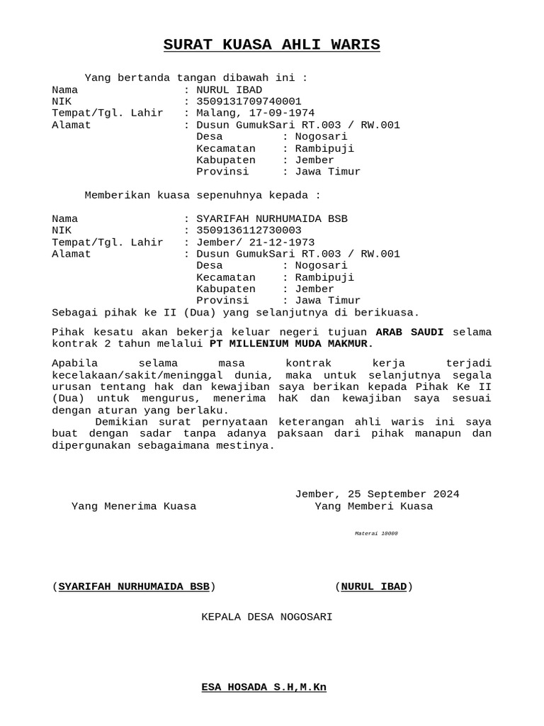 Surat Kuasa Ahli Waris PT | PDF