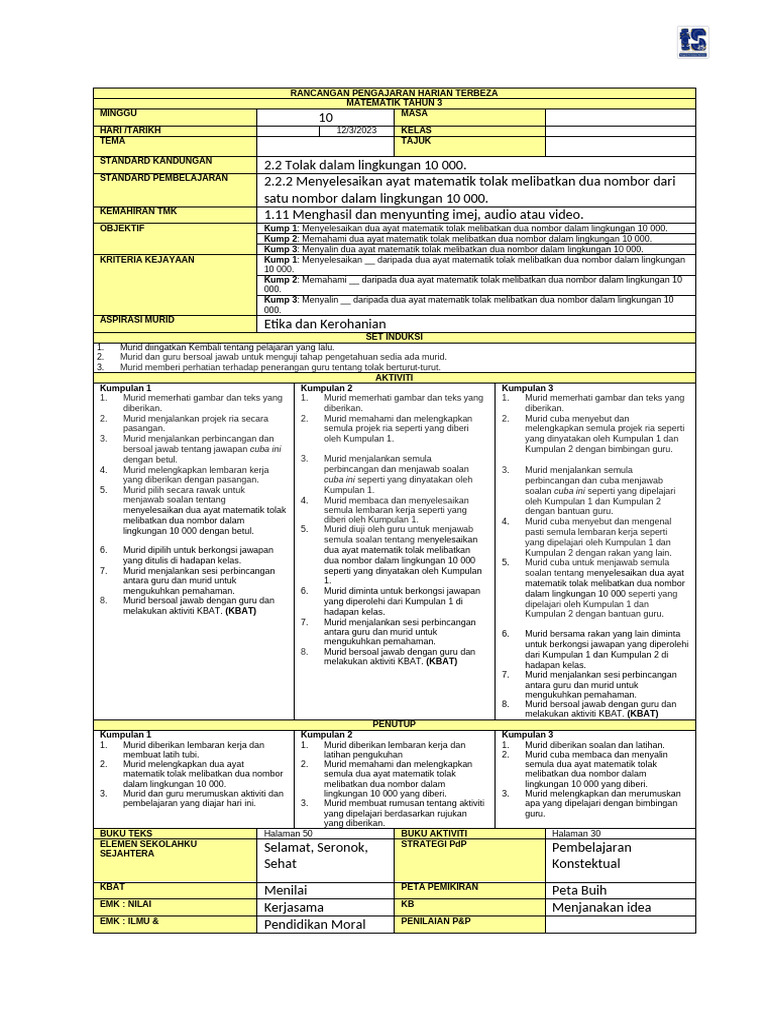 RPH Terbeza Minggu 10 Matematik Tahun 3 | PDF | Metode & Bahan Ajar