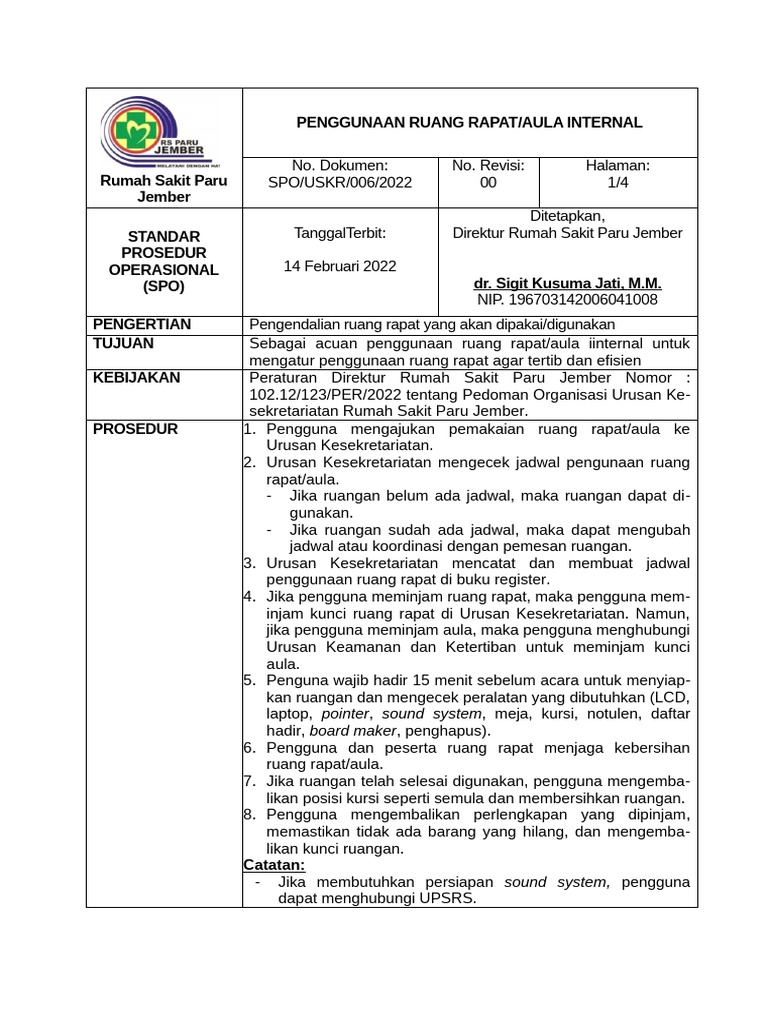 Prosedur Penggunaan Ruang Rapat RS Paru | PDF | Teknologi & Rekayasa