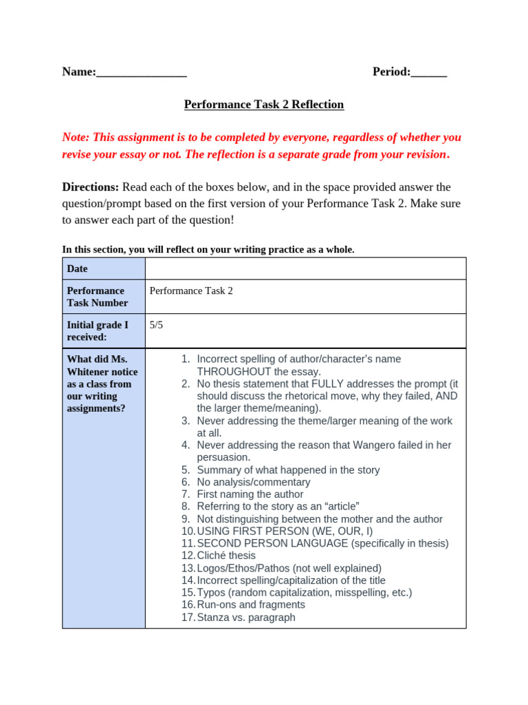 Performance Task 2 Writing Reflection | PDF | Essays | Persuasion