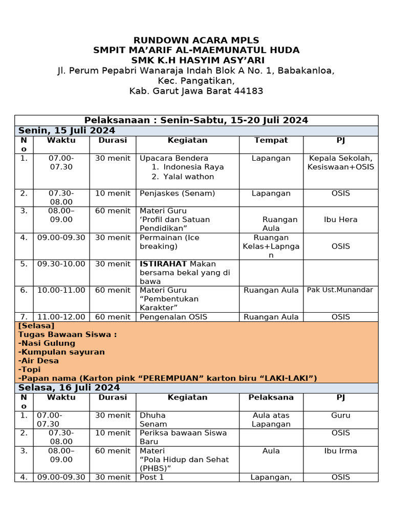 Rundown Acara MPLS 2024-2025 | PDF