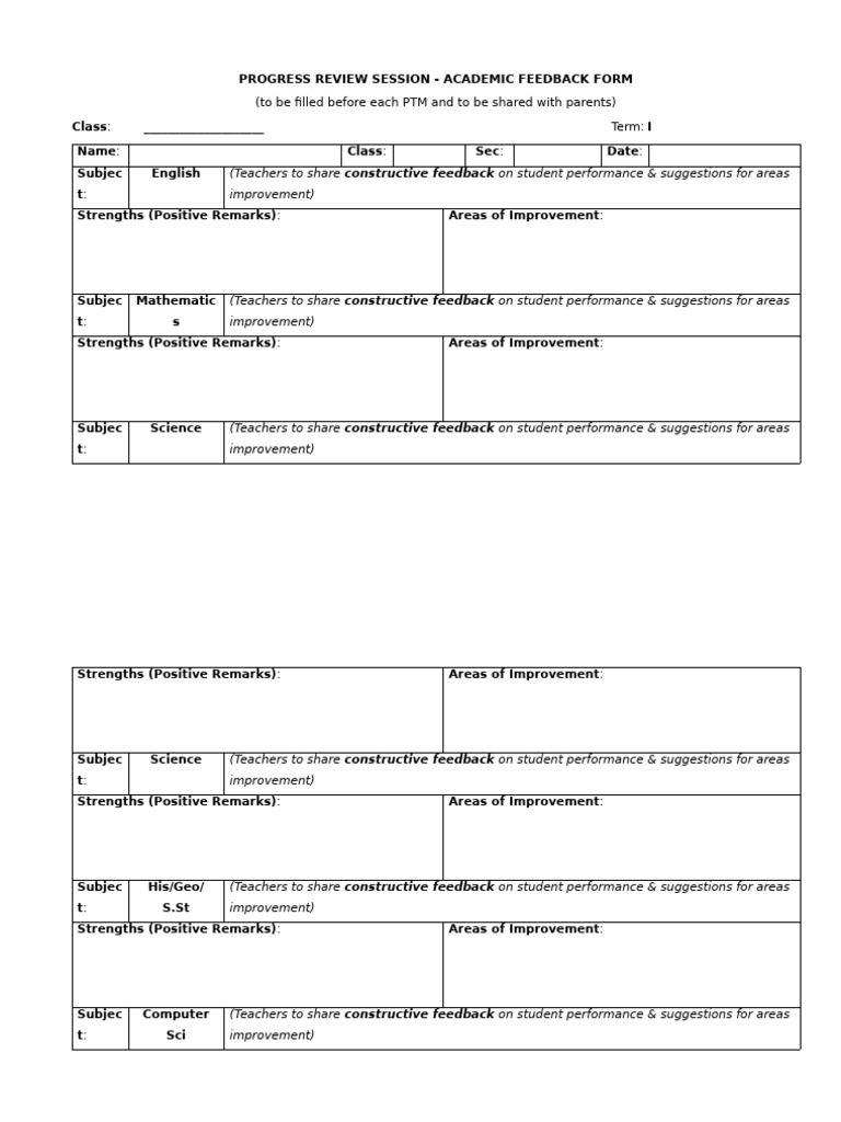 Academic Progress Review Feedback Form | PDF