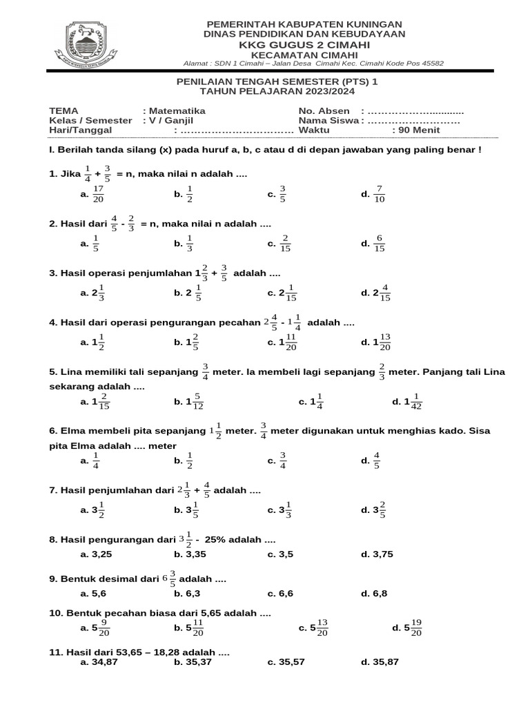 Soal PTS Matematika Kelas 5 Sem 1 | PDF | Metode & Bahan Ajar