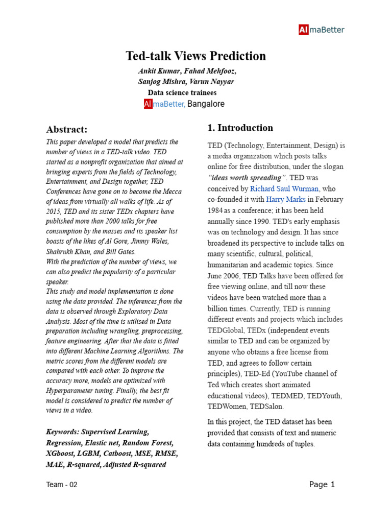 Ted Talk Views Prediction Capstone Project Shivalik 02 | PDF | Applied Mathematics | Statistical ...