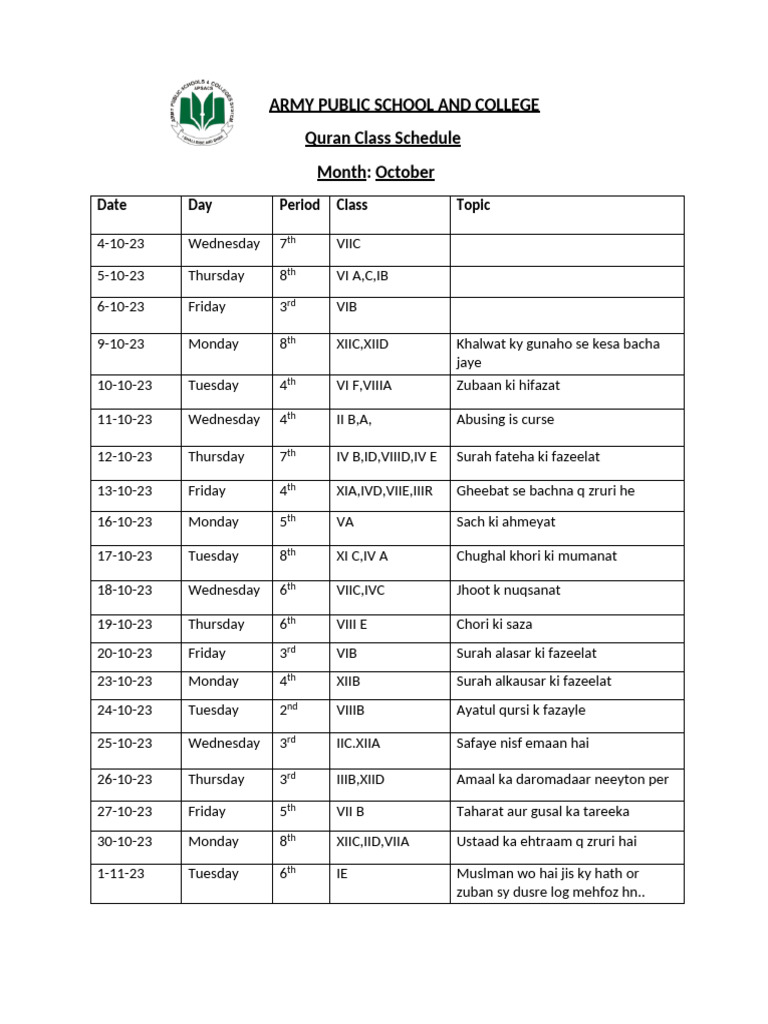 Quran Class Schedule | PDF