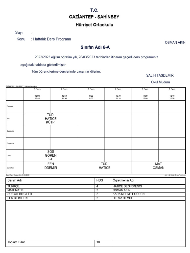 25 Mart 2023 DYK Detaylı Ders Programı Sınıflar | PDF