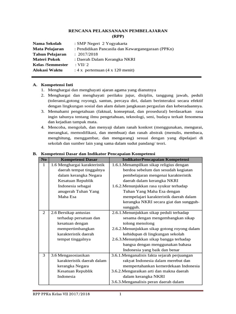 RPP PPKN Kelas Vii 2017/2018 1 | PDF