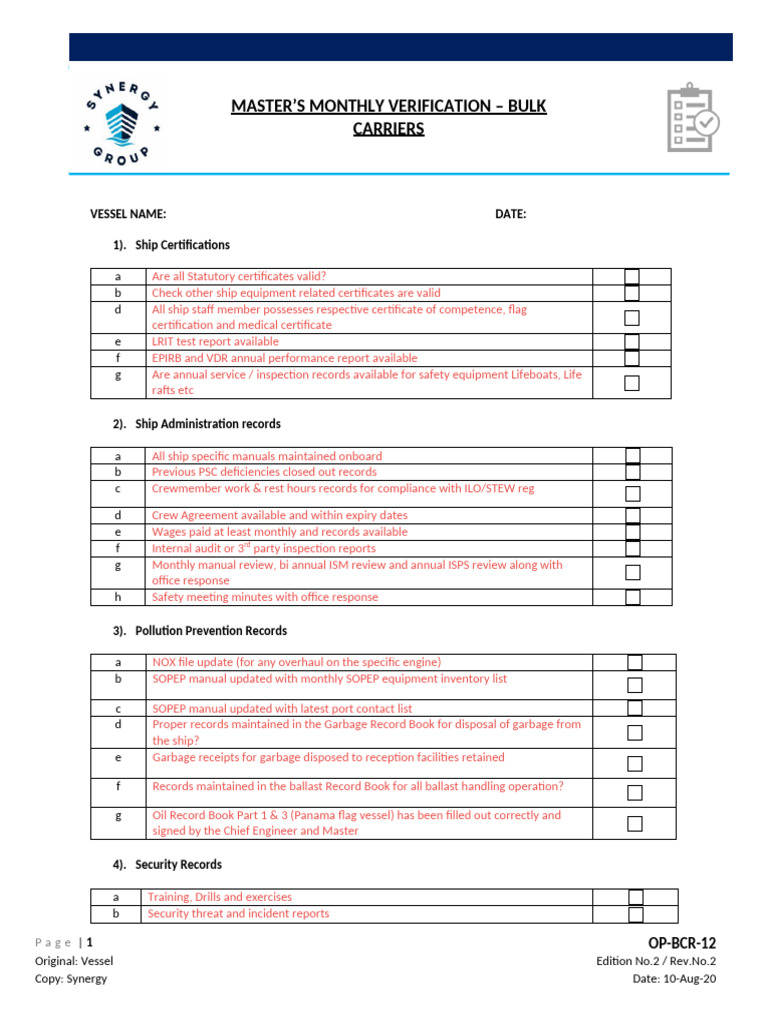OP-BCR-12 Masters verification of records - Bulkers. | PDF | Ships ...