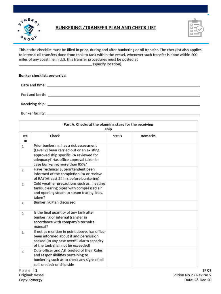 SF-09 Bunker Transfer Plan and Checklist As Per ISGOTT-6 | PDF | Oil ...