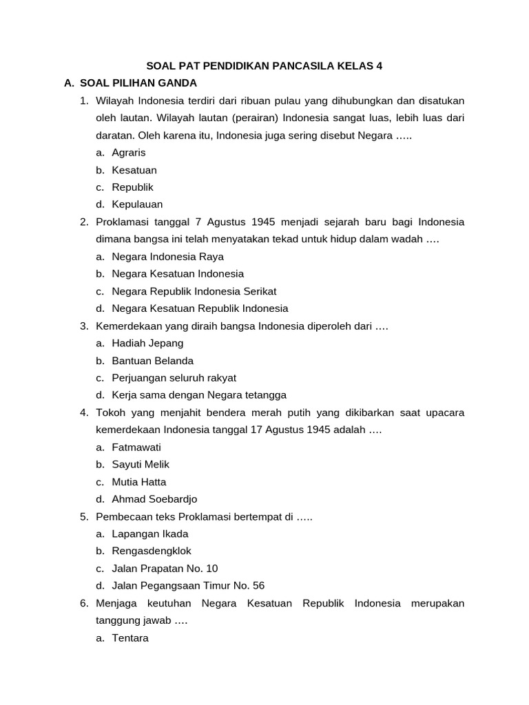 Soal SAT PKN Kelas 4 | PDF