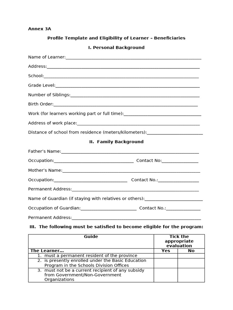 Learner Eligibility Profile Template | PDF