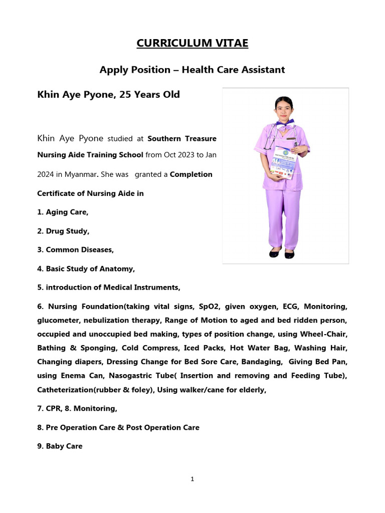 Health Care Assistant CV - Khin Aye Pyone | PDF | Clinical Medicine ...