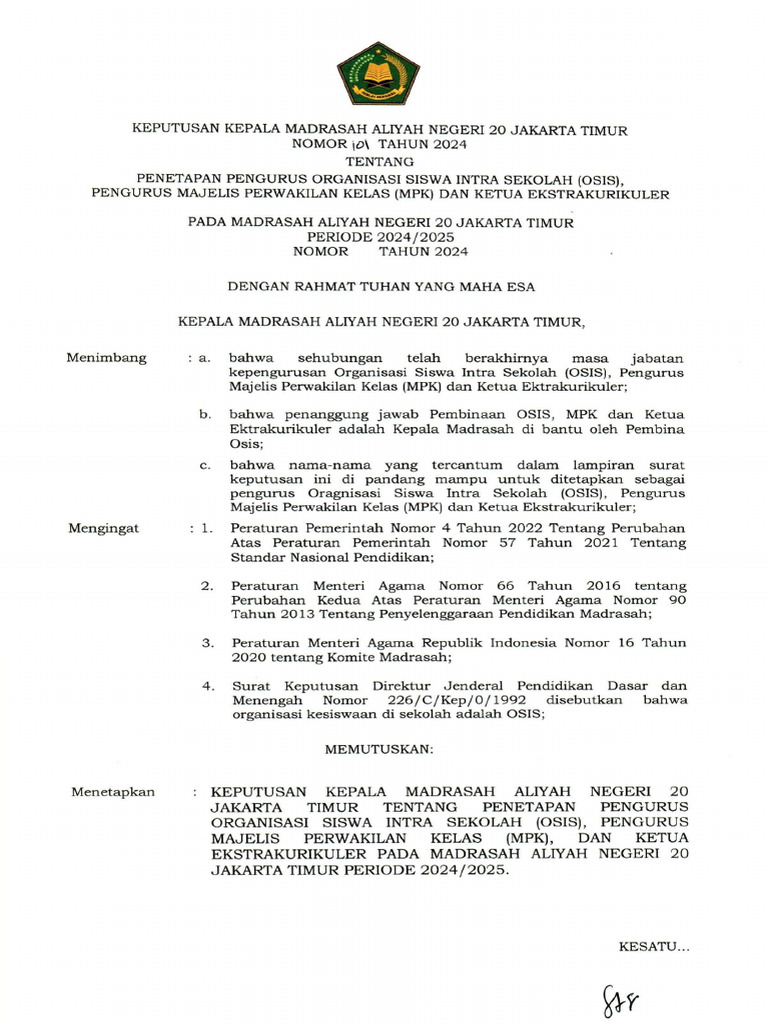 SK Penetapan Pengurus Osis, MPK Dan Ketua Ekstrakurikuler TP 2024 2025 S | PDF