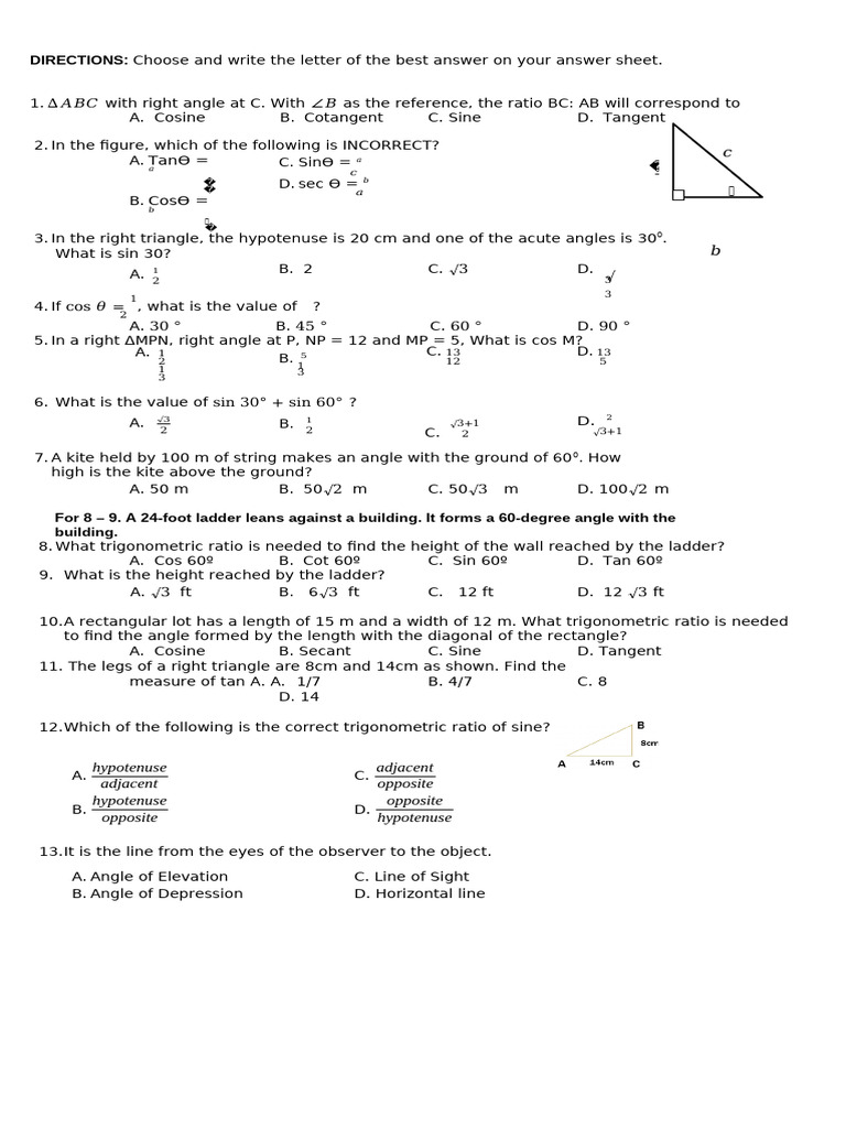 MATHEMATICS 9 Validation Test 4th Grading FINAL | PDF | Trigonometric ...