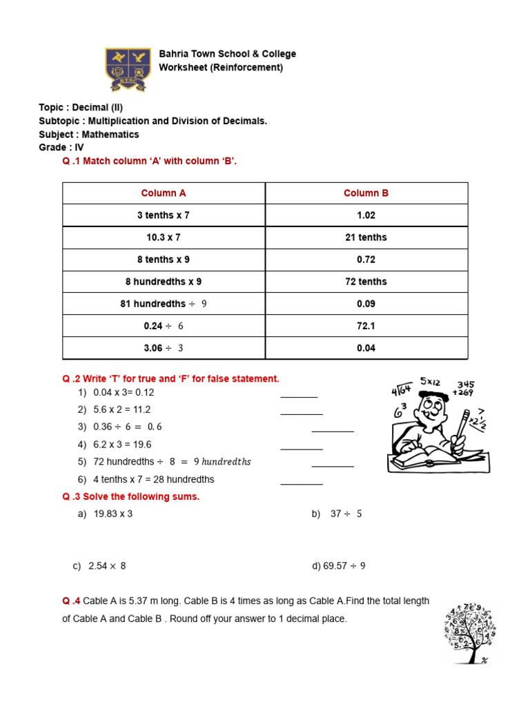 Grade 4 Decimal Operations Worksheet | PDF | Teaching Methods & Materials