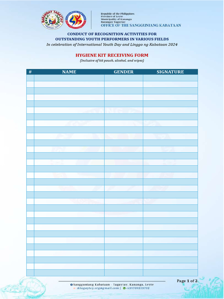 Receiving Form For The Hygiene Kit | PDF