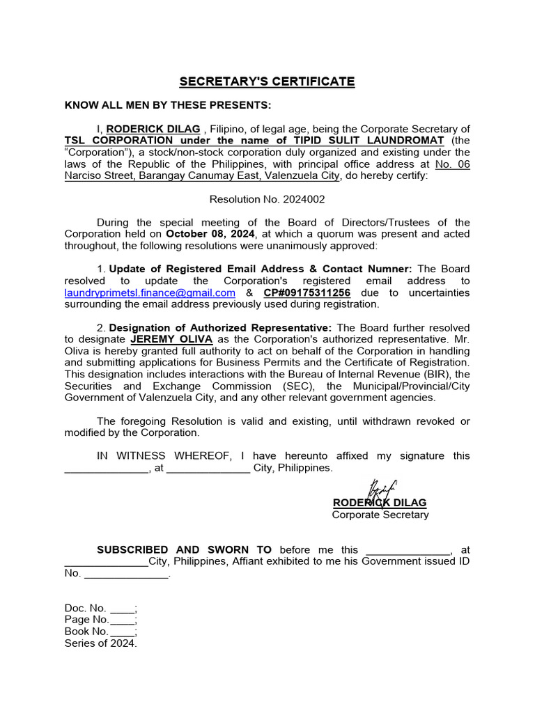 Secretary Certificate Update | PDF | Corporations