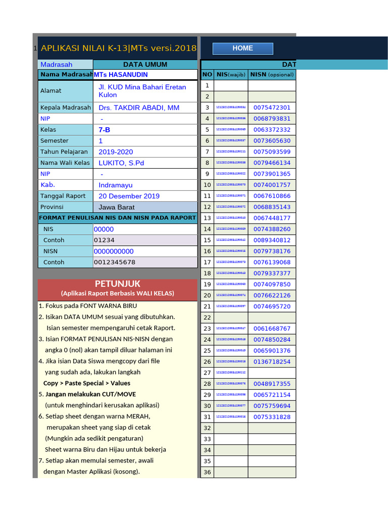 Nilai Raport MTK Kelas 7B Semester 1 Tapel 19-20 | PDF