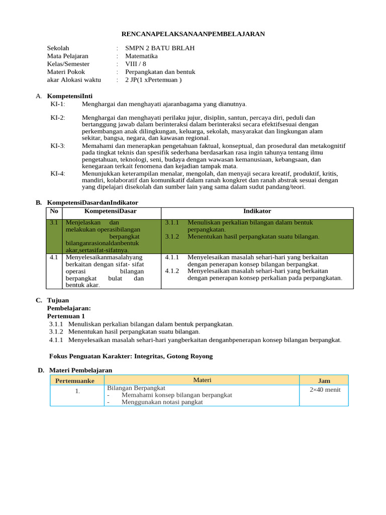 RPP MTK Pangkat Dan Kuadrat | PDF