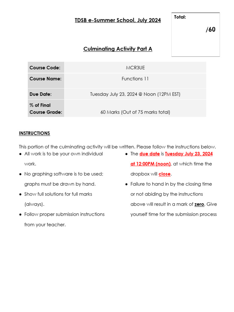 MCR3UE CulminatingActivity PARTAUpdated | PDF | Function (Mathematics ...