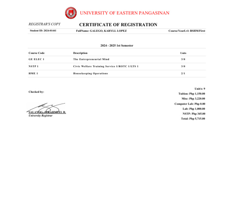 Certificate of Registration: University of Eastern Pangasinan | PDF