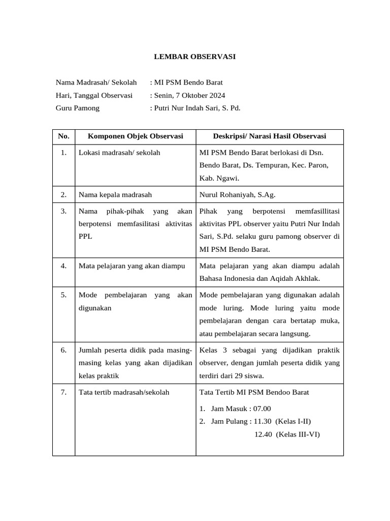 Laporan Observasi PPL MI PSM | PDF
