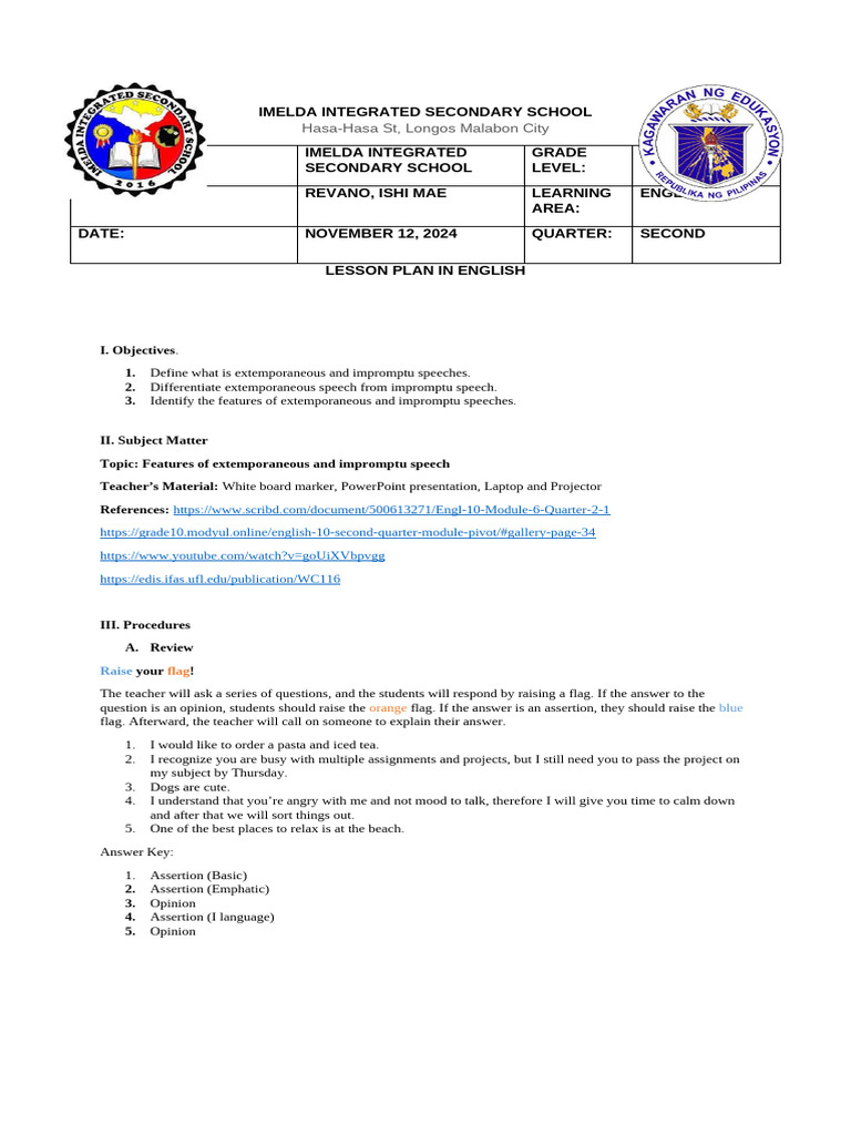 Learning Plan Impromptu and Extemporaneous | PDF | Speech | Communication