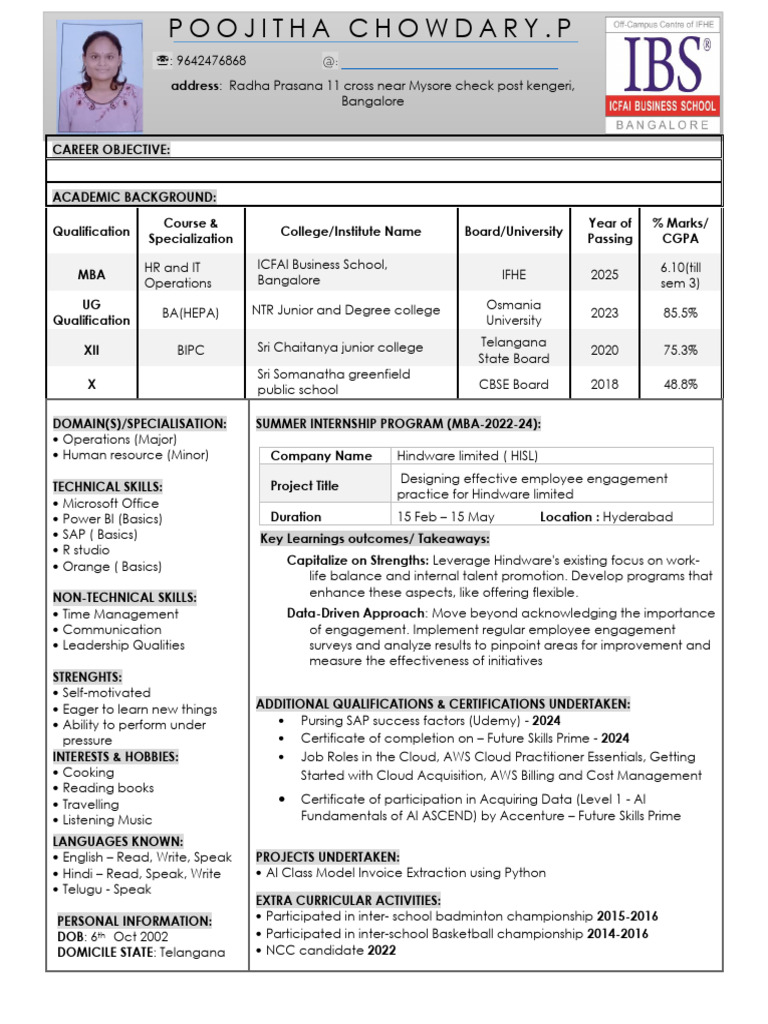 Poojitha Chowdary.p (0480) CV 1 | PDF | Business