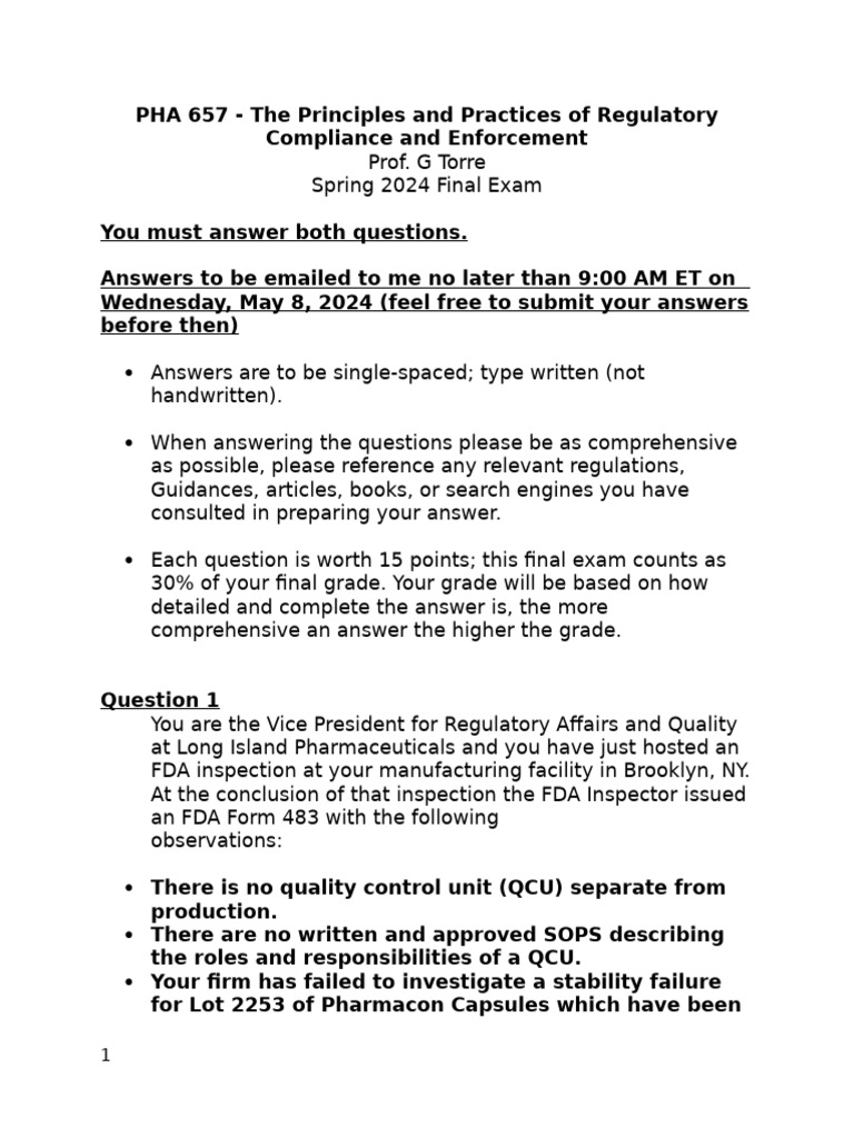 PHA 657spring 2024 Final Exam | PDF | Food And Drug Administration