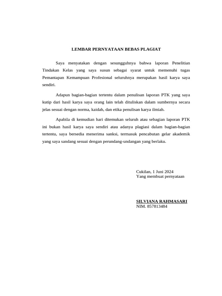Lembar Pernyataan Bebas Plagiat | PDF