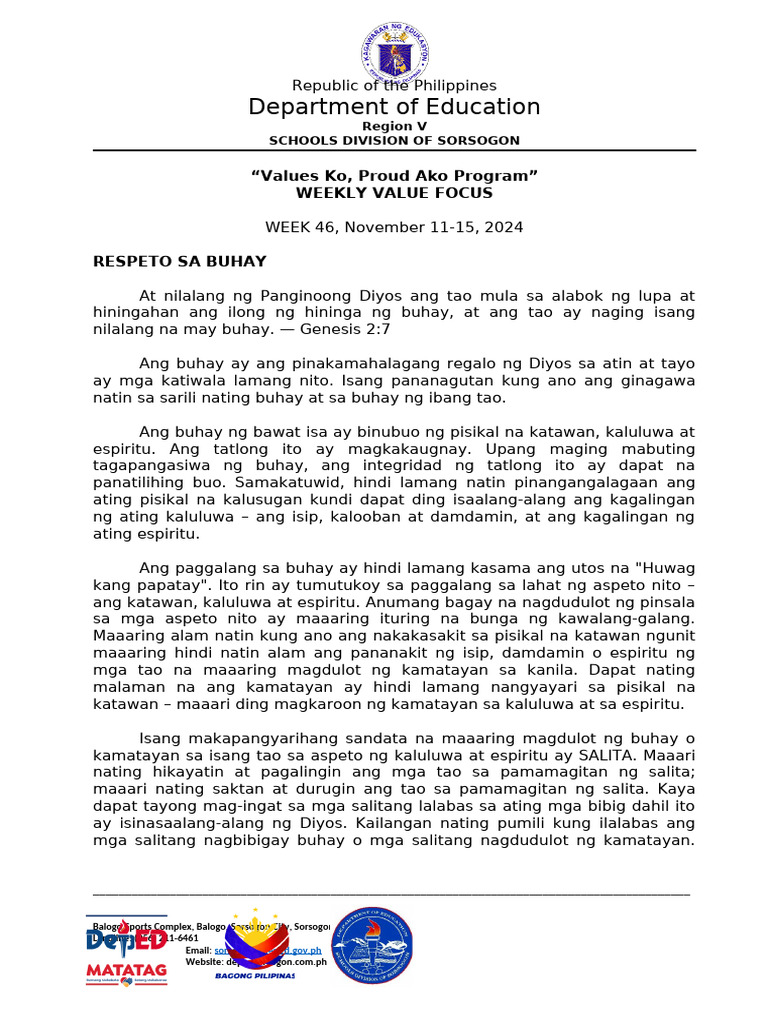 Value Focus of The Week Respeto Sa Buhay | PDF