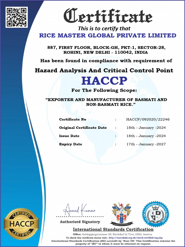 Haccp Rice Master Global Private Limited | PDF