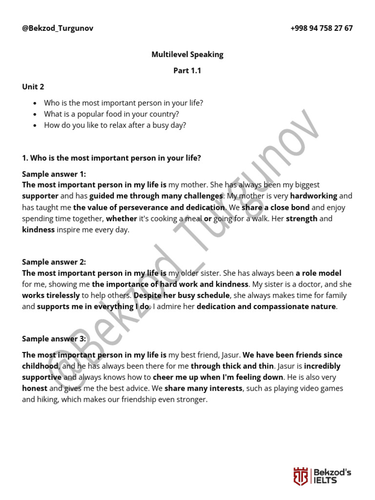 Multilevel Speaking Part 1.1 - Unit 2 | PDF | Asian Cuisine | Foods