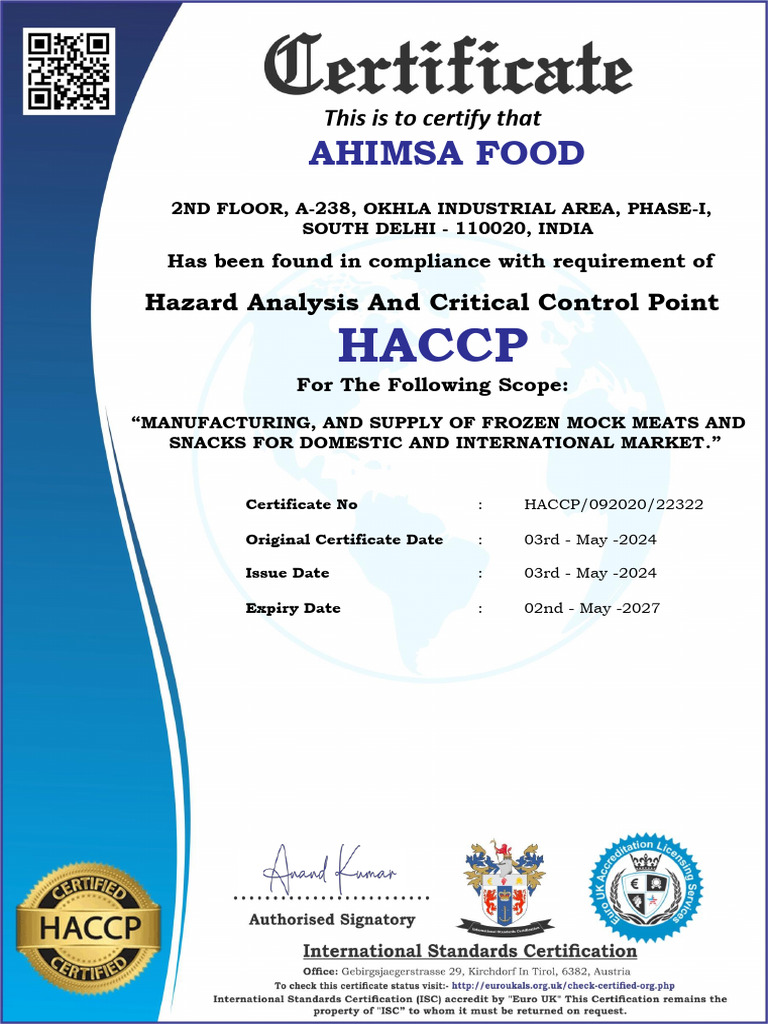 HACCP Certified: Ahimsa Food Mock Meats | PDF | Technology & Engineering