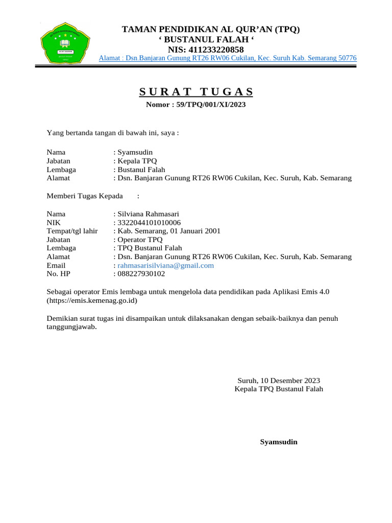 Contoh SK Surat Tugas Operator Emis | PDF