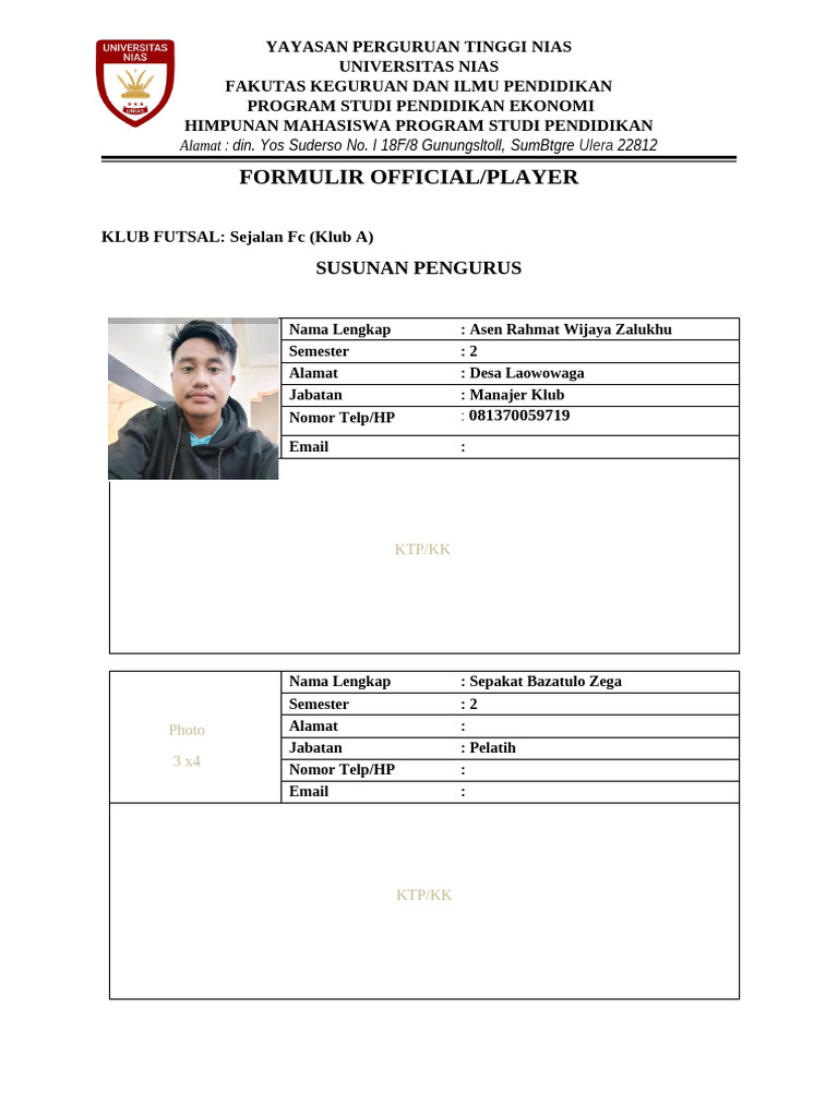 Formulir Klub Futsal Sejalan FC | PDF