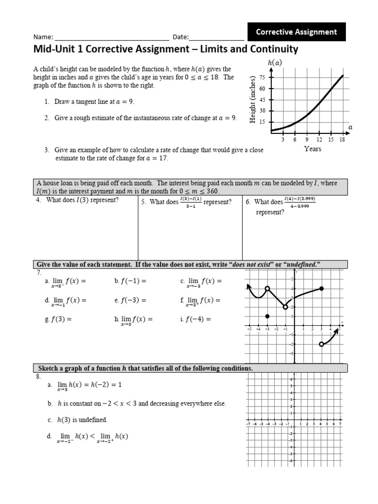 Calc Mid-Unit 1 Corrective Assignment | PDF | Function (Mathematics) | Mathematical Concepts