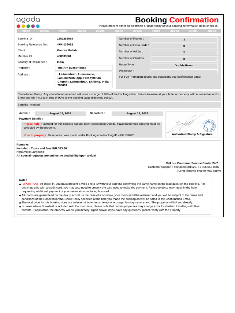Agoda Booking Confirmation Details | PDF | Credit Card | Payments