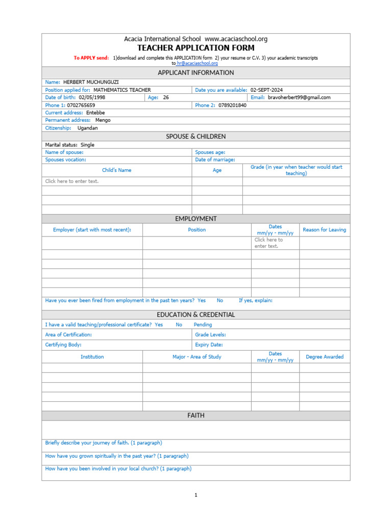 Acacia Teacher Application Form 2024 | PDF | Jesus | Religious Belief And Doctrine