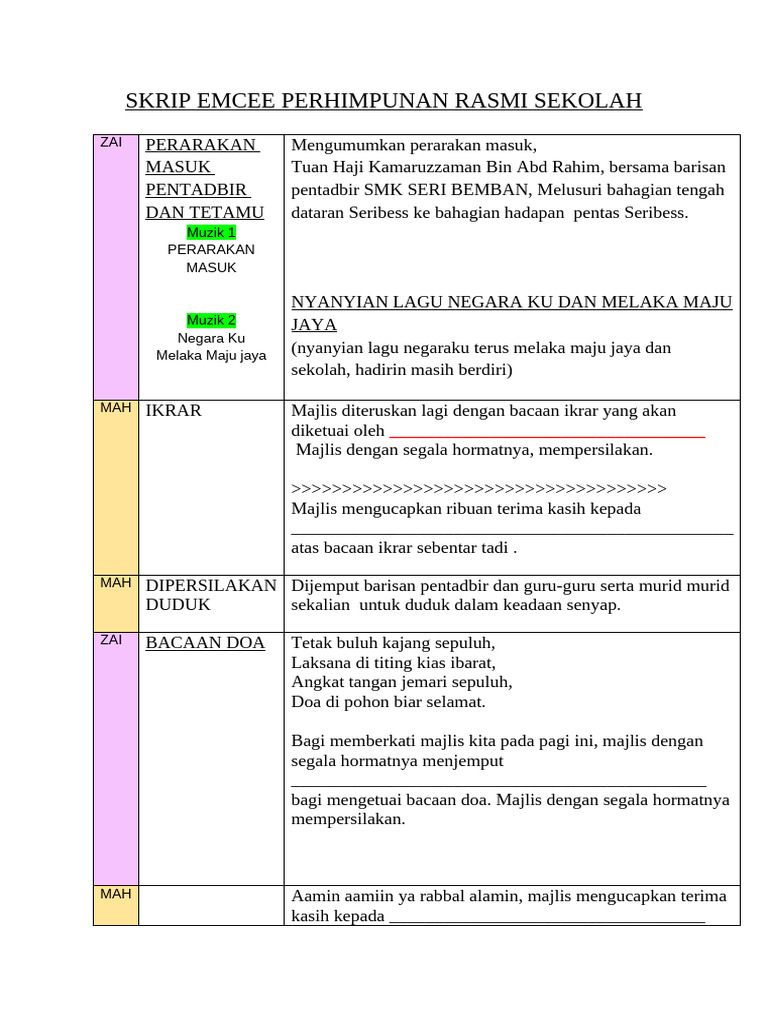 Skrip Emcee Perhimpunan Rasmi | PDF
