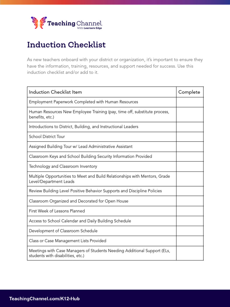 K12 New Teacher Induction Checklist Downloadable | PDF | Career ...