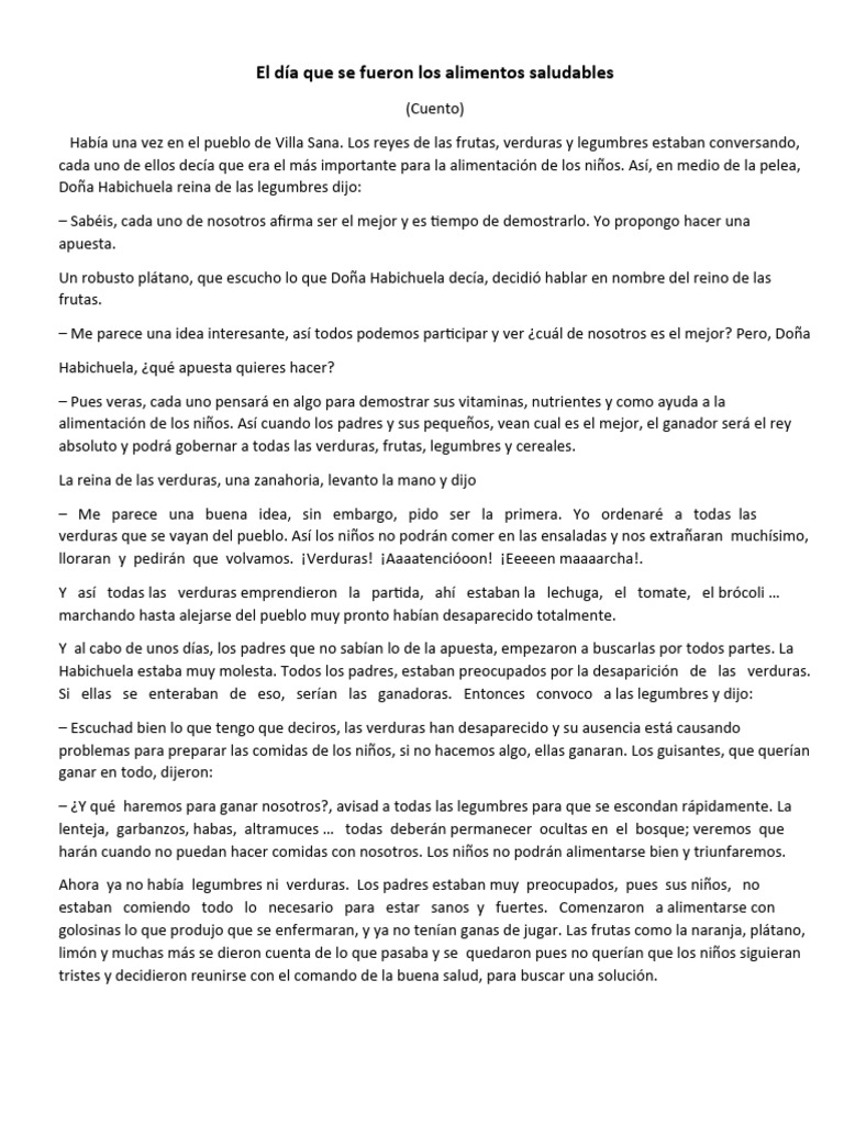 Cuento sobre la vida saludable en Villa Sana | PDF | Legumbre | Vegetales