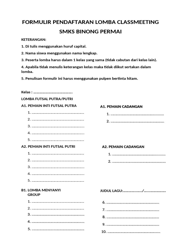 Formulir Pendaftaran Lomba Classmeeting | PDF | Komputer