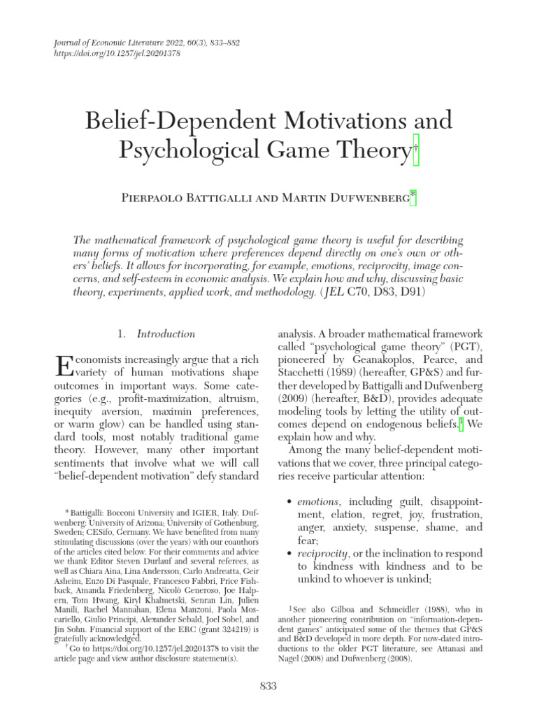 2022 (JEL) Belief-Dependent Motivations and Psychological Game Theory ...
