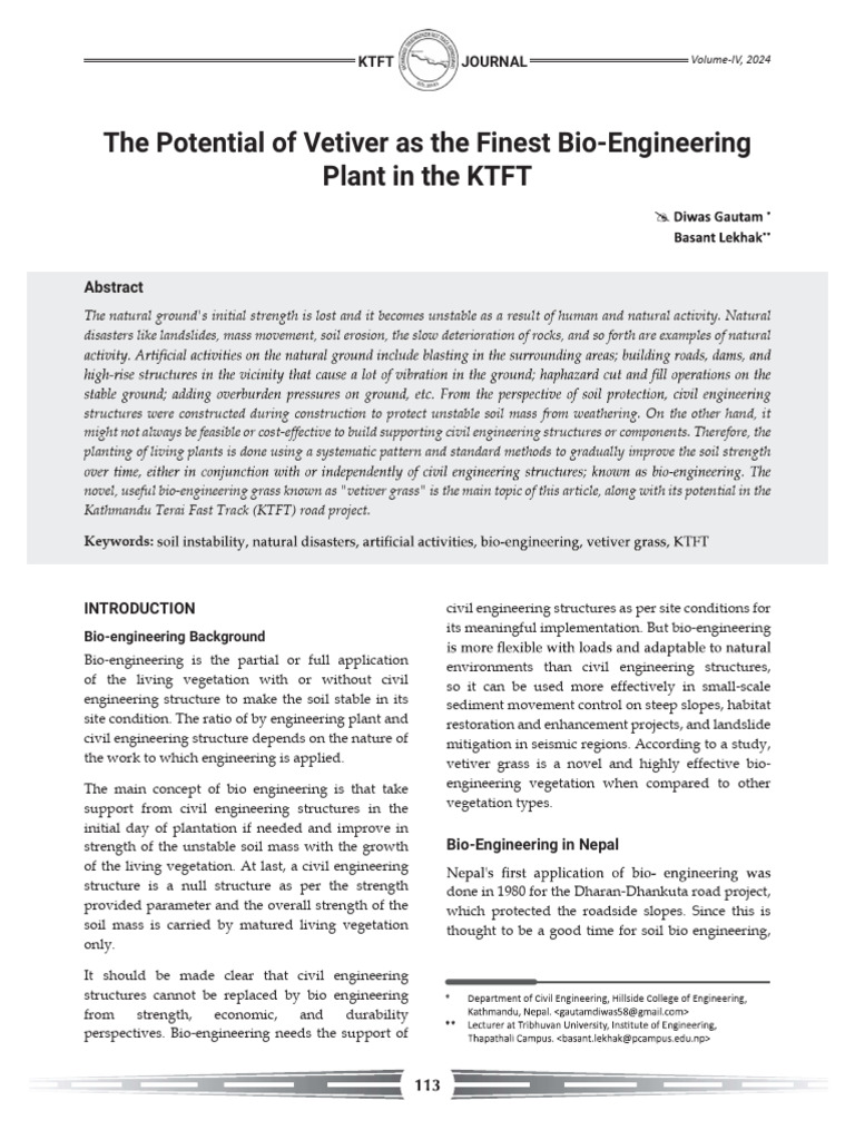 The Potential of Vetiver As The Finest Bio-Engineering Plant in The KTFT | PDF | Soil | Landslide