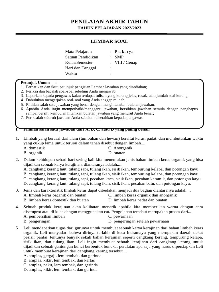 Soal PAT Prakarya Kelas 8 | PDF | Griya & Taman | Seni