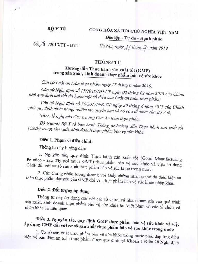 Thong Tu So 18 Byt VV Huong Dan Thuc Hanh San Xuat Tot GMP Trong San ...